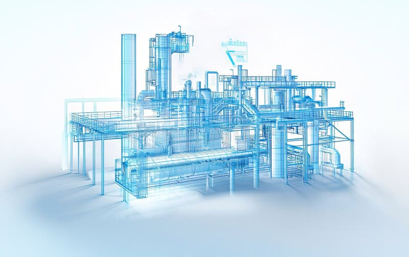 Detailed Wireframe Representation of an Industrial Manufacturing ...