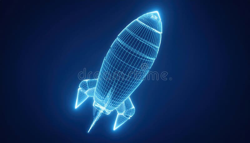 Wireframe Model of a Futuristic Rocketship Set Against a Blue ...