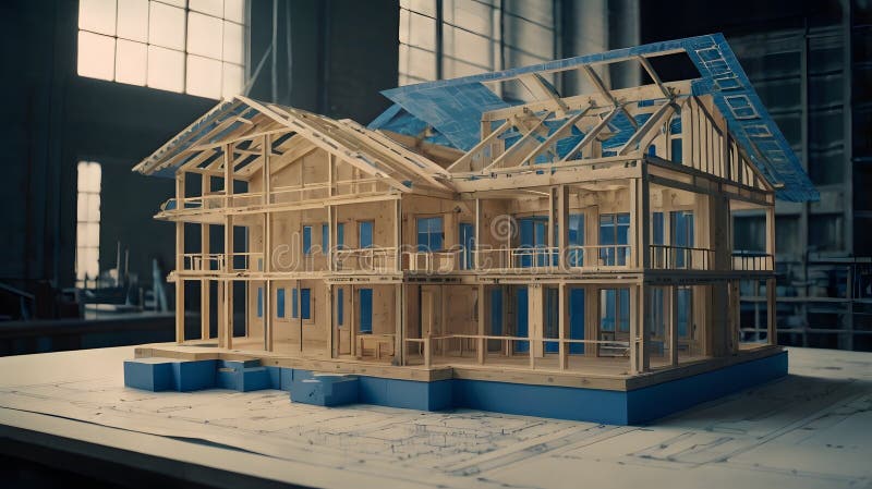 A Detailed Wooden Architectural Model of a House Placed on Blueprints ...