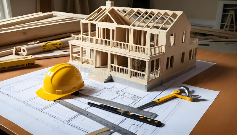 A Detailed Wooden Architectural Model of a House Placed on Blueprints ...