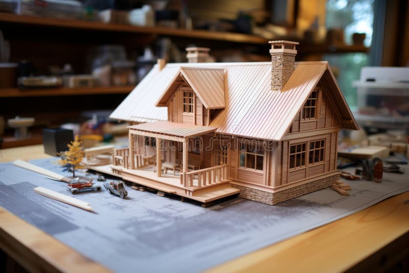 Detailed Wooden House Model with Blueprints, Architectural Project ...