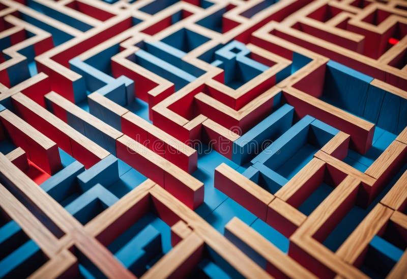 Detailed Wooden Maze with Red and Blue Paths, Illustrating Complexity ...