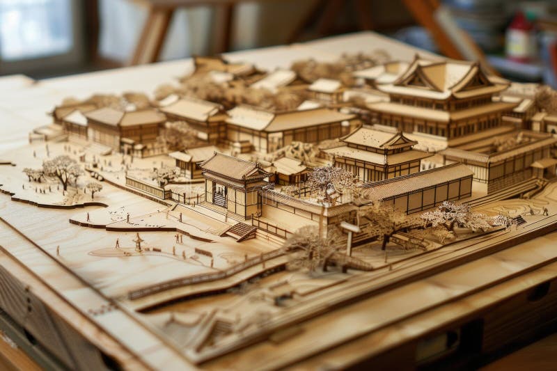Detailed Wooden Model of a Building on a Table, Suitable for ...
