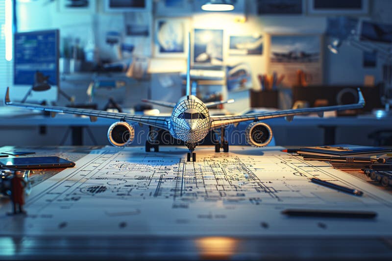 Detailed Workspace with Model Airplane on Technical Blueprints ...