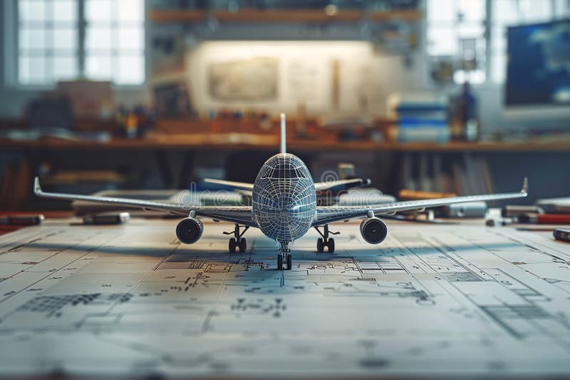 Detailed Workspace with Model Airplane on Technical Blueprints ...