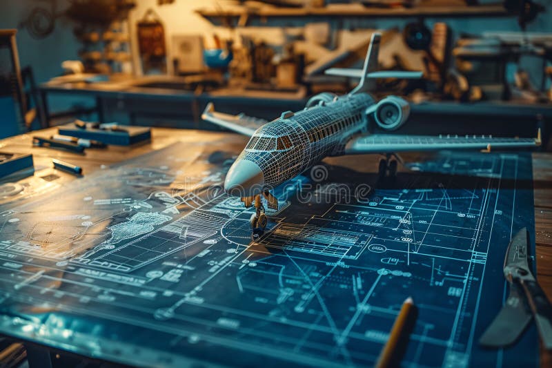 Detailed Workspace with Model Airplane on Technical Blueprints ...