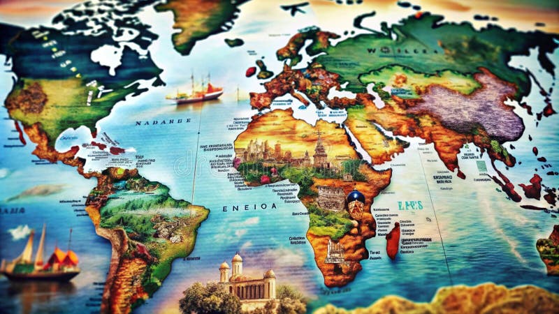 A Detailed World Map with Continents, Oceans, and Landmarks Stock Image ...