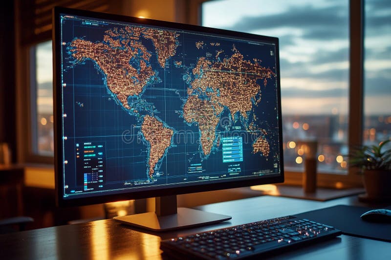 A Detailed World Map is Illuminated on a Sleek Computer Screen in an ...