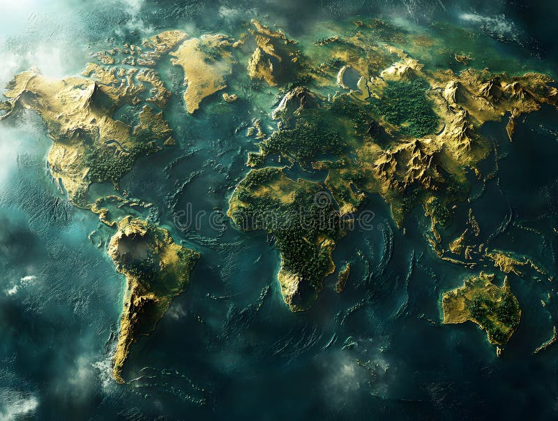 Detailed World Map with Mountains and Water Textures Stock Illustration ...