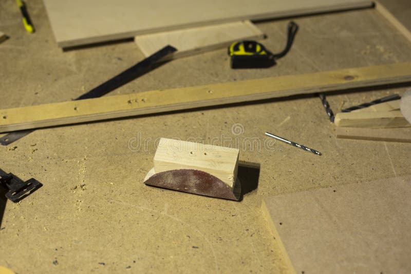 Details of Carpentry Workshop. Wooden Objects on Table Stock Photo ...