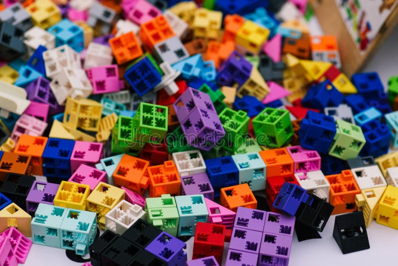 Details of the Children`s Designer. Scattered Colored Plastic Blocks of ...