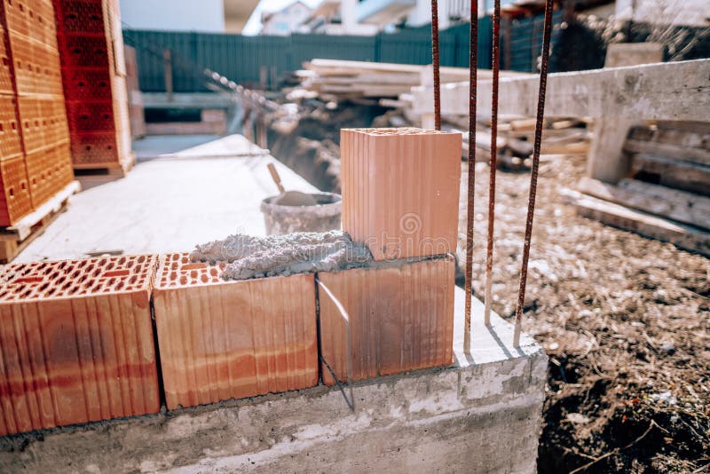 Close Up Details of Construction Site with Bricks and Bricklaying Stock ...