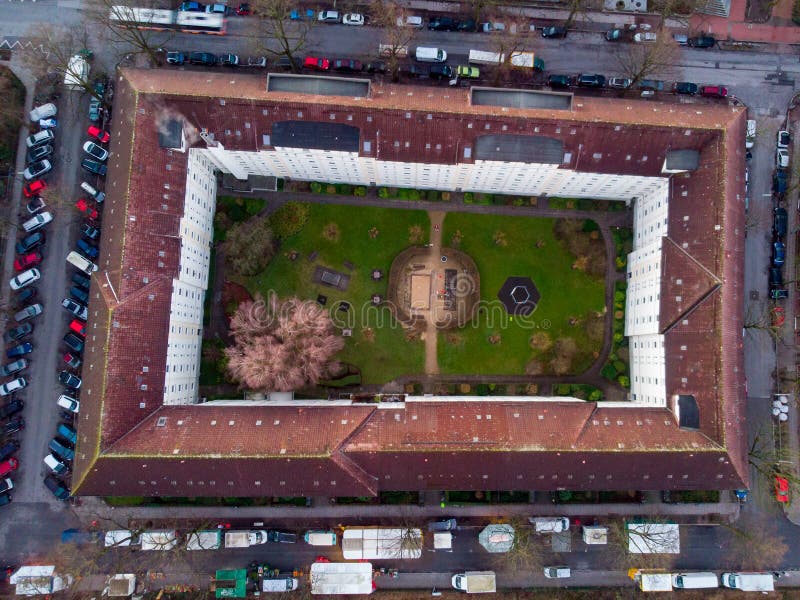 Drone Aerial Top Down View of a Building Patio with Rectangular Form ...