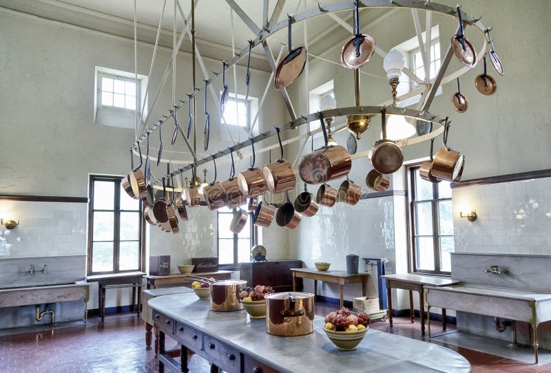 Classic Copper Pots Hanging in Old Kitchen Stock Image - Image of pans ...