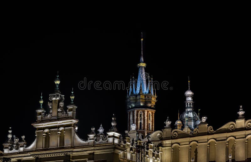 Details on Main Square of Cracow at Night Stock Photo - Image of ...