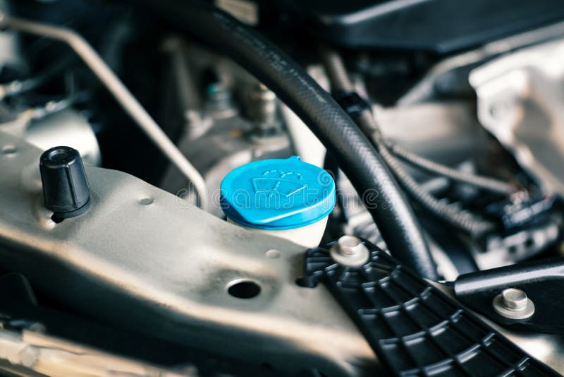 Details of Modern Car Engine, Windshield Washer Tank Sign on Cap Stock ...