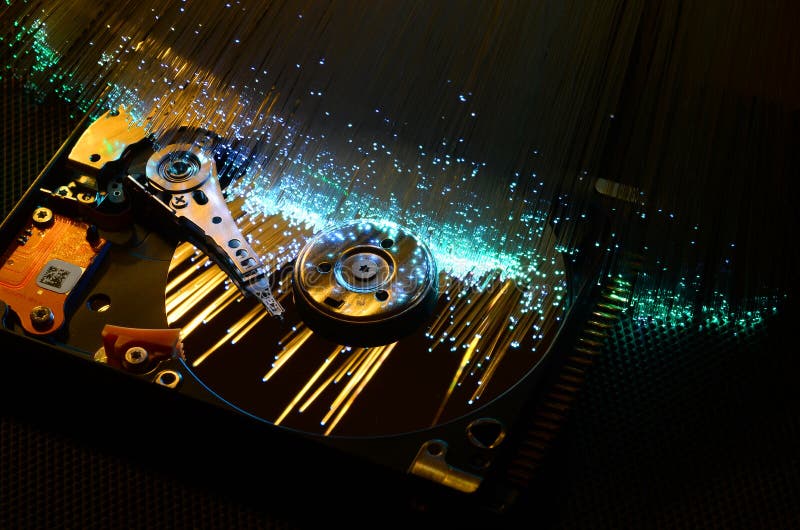 Details of Opened Computer Hard Disk Drive with Colored Optic Fiber ...