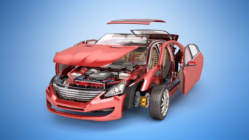 Details of the Red Car on a Blue Gradient Background 3D Render Stock ...