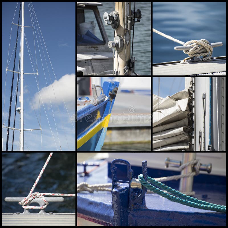 Segelboot-Yachtcollage. Segeln Stockfoto - Bild von seilzug ...