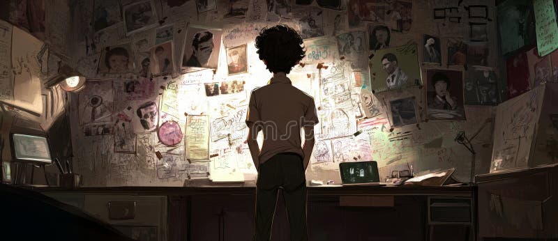 A Detective Analyzes Crime Data on an Investigation Board, a ...