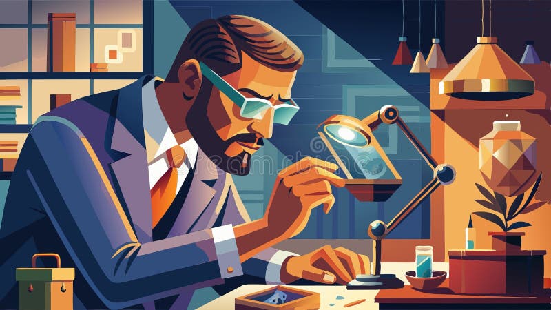 Detective Analyzing Evidence in Retro Office Setting with Magnifying ...