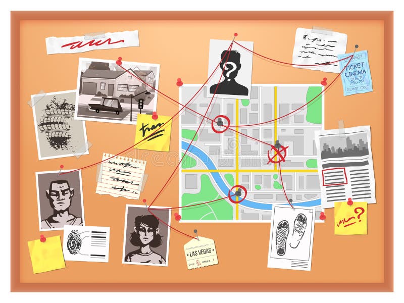 Detective Board. Investigation Dashboard with Pinned Photos, Newspapers ...