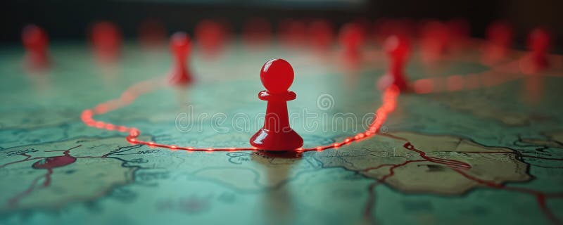 Detective Board with Red Pawns on Map Connected by String. Represents ...