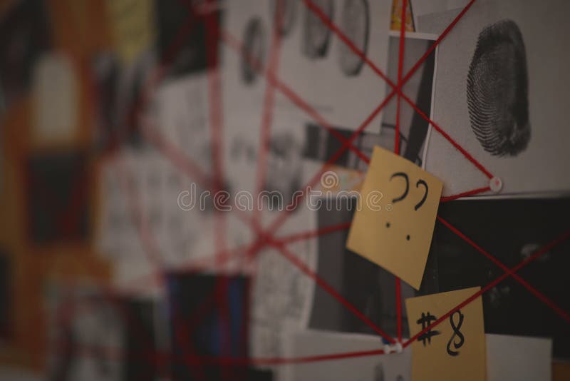 Detective Board with Sticker, Fingerprints and Red Threads, Closeup ...