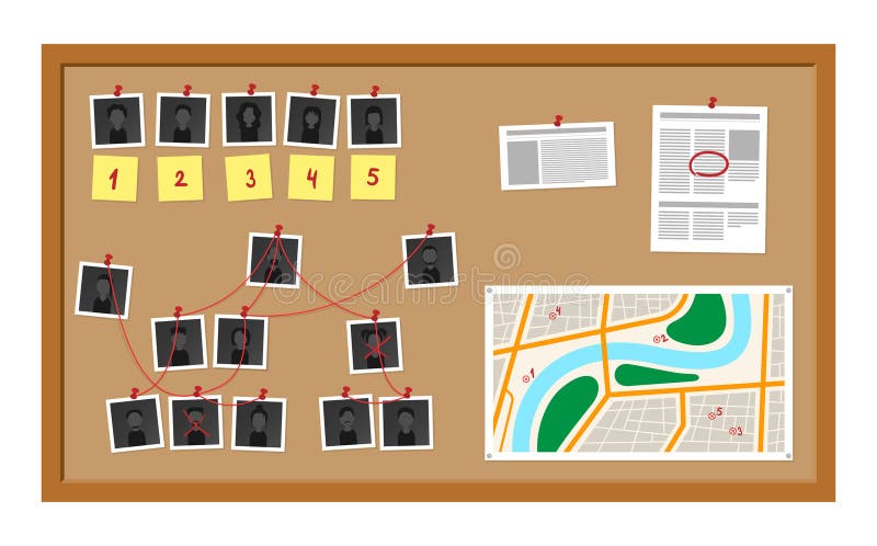 Detective Board Vector Illustration. Investigation Plan with Pinned ...