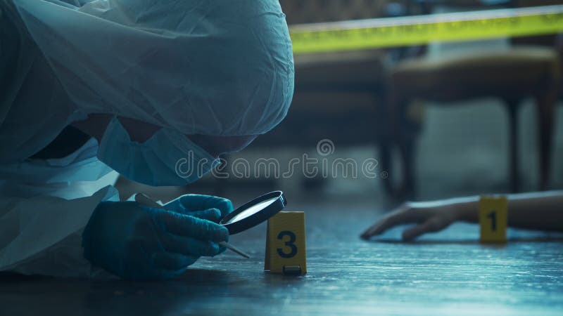 Detective Collecting Evidence In A Crime Scene Forensic Specialists