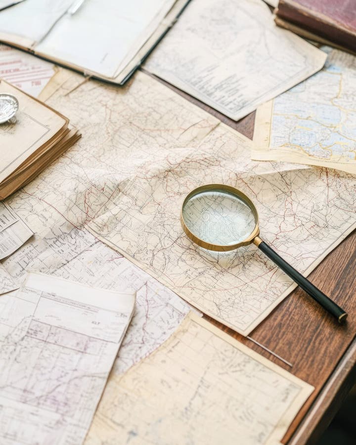Detective Desk with Maps and Magnifying Glass Stock Image - Image of ...