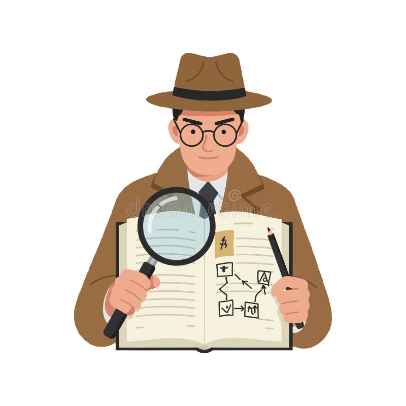Detective Examining Clues with Magnifying Glass in Flat Vector Art ...