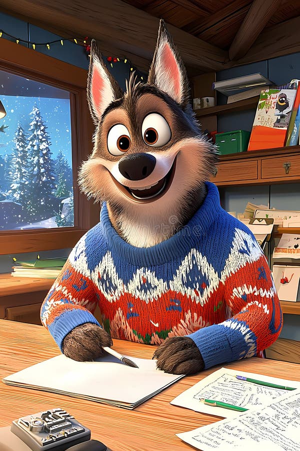 Cheerful Cartoon Wolf Writing at Desk in Cozy Winter Studio AI ...
