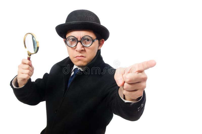 Detective with Magnifying Glass Isolated on White Stock Image - Image ...