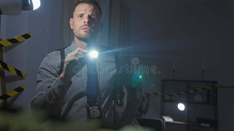 A Detective Man with a Beard Inspects a Dark Indoor Crime Scene Using a ...