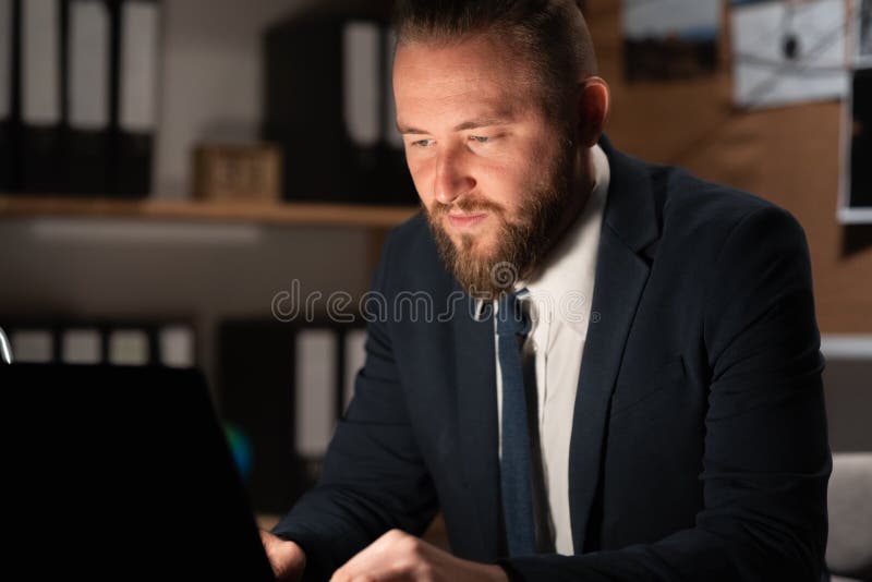 Detective Processing Evidence in Office, Working on Computer Stock ...