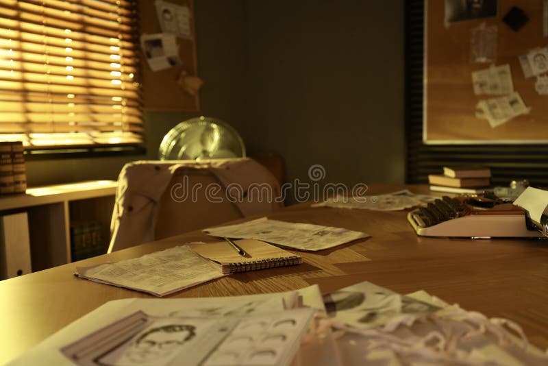 Detective Workplace with Laptop and Documents on Table in Office Stock ...