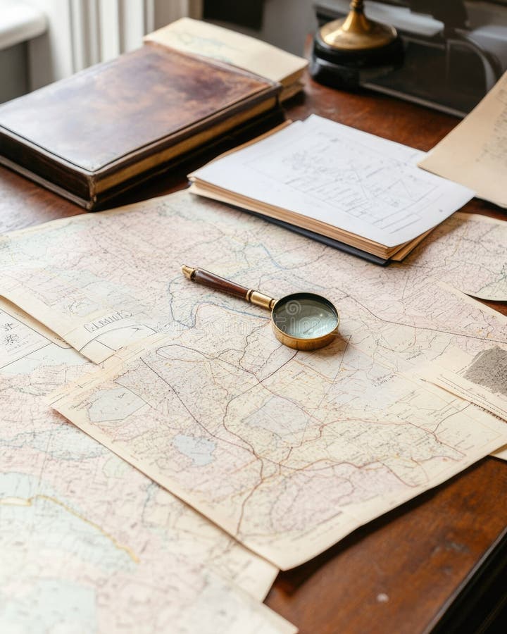Detectives Desk with Maps and Magnifying Glass Stock Photo - Image of ...