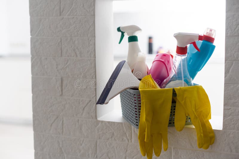 Detergents, Basket with Cleaning Supplies in Home. Stock Image - Image ...