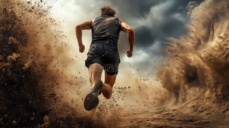 Determined Athlete Running through Muddy Terrain Under Dramatic Sky ...