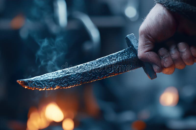 A Determined Blacksmith Lifts a Freshly Forged Sword, Its Hot Blade Steaming in the Cool Air of ...