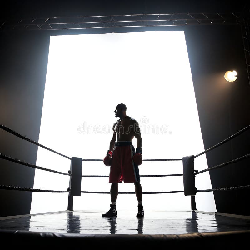 A Boxer Stands in a Dark Boxing Ring with a Spotlight on it Isolated on ...
