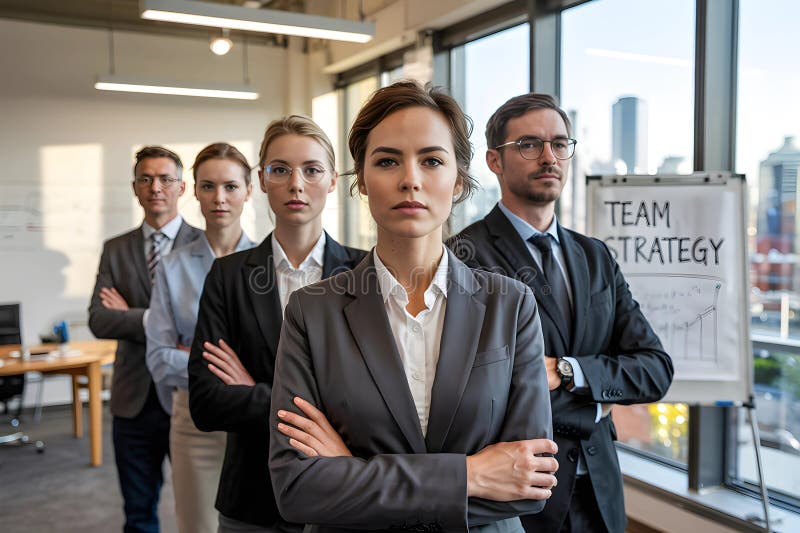 Determined Business Team of Five Standing Confidently in Modern Office ...