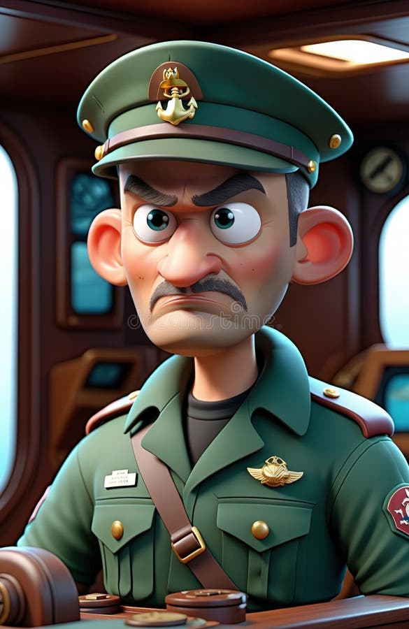 Determined Cartoon Captain Navigating Ship with Bold Expression in ...