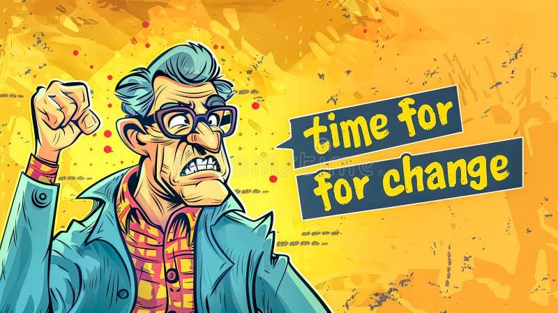 Determined Cartoon Man with Time for Change Banner Stock Photo - Image ...