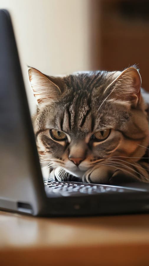 Focused Cat Using Laptop in Home Setting Close-up Stock Image - Image ...