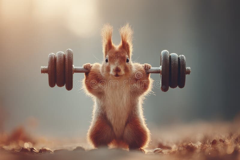 Determined Chubby Squirrel Lifting Weights with Focused Eyes in a Soft ...