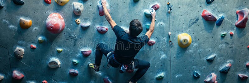 A Determined Climber Ascending an Indoor Rock Wall Showcasing ...