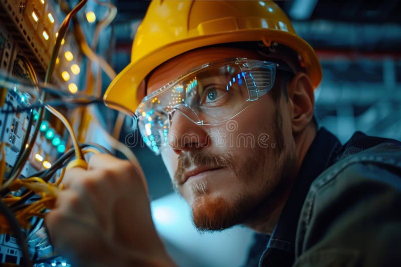 Determined Electrician in Hard Hat Focused on Electrical Panel ...