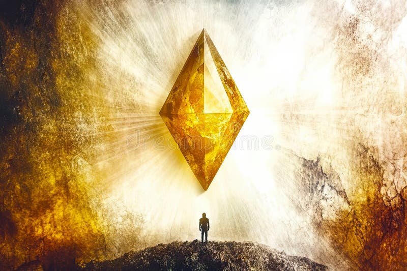 Brave Explorer Gazes at a Magnificent Yellow Crystal Structure Under a ...